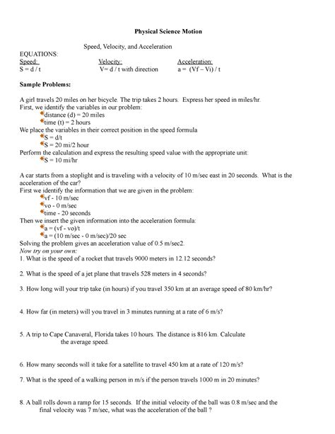 Speed Velocity Acceleration Test Practice 1 1 Physical Science Motion Speed Velocity And