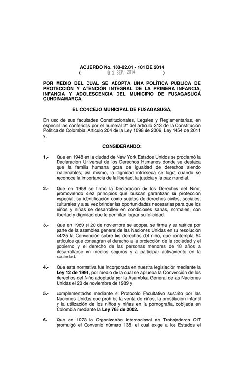 Acuerdo No 101 De 2014 Politica Publica Infancia Acuerdo No 100 02