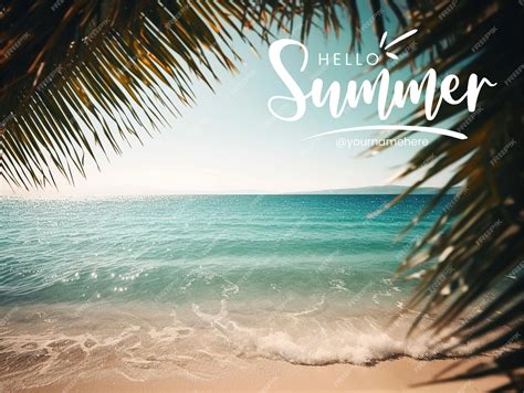 A Beach Scene With A Palm Tree In The Foreground And The Word Hello