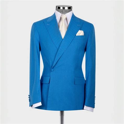 Blue Striped Peaked Lapel Custom Prom Suits Two Piece Modern Mens Wedd