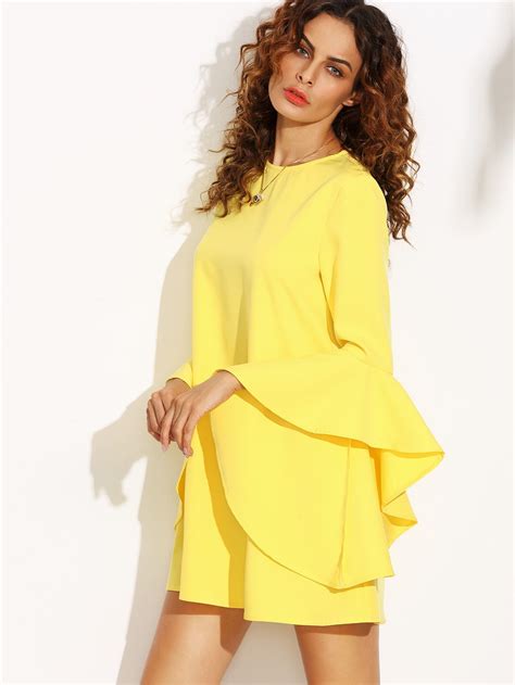 Shein Yellow Crew Neck Ruffle Sleeve Shift Dress Casual Dresses Mini