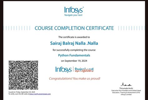 Excited To Share That I Have Successfully Completed The Python Fundamentals Course With Infosys
