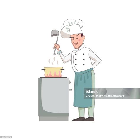 미소 수프를 요리 하는 요리사 만화 캐릭터 실버 지주 국자 벡터 일러스트 레이 션 건강한 식생활에 대한 스톡 벡터 아트 및 기타