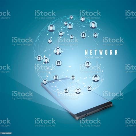 스마트 전화 및 글로벌 네트워크 연결 홀로그램 디자인 개념 현대 사회 미디어 개념입니다 모바일 인터넷 및 소셜 네트워킹 벡터 일러스트 레이 션 개념에 대한 스톡 벡터 아트
