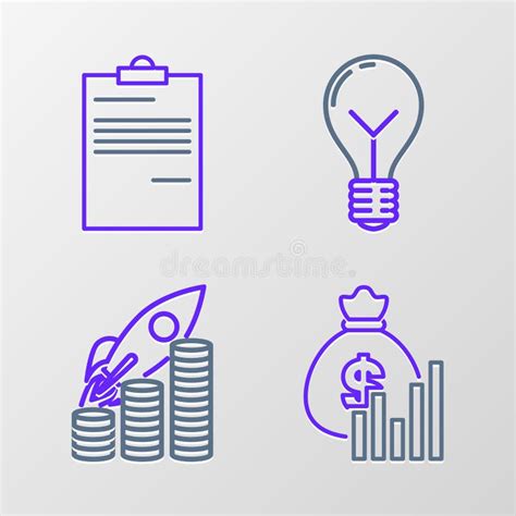 Set Line Money Bag And Diagram Graph Rocket Flying Up Coins Growth Chart Light Bulb With
