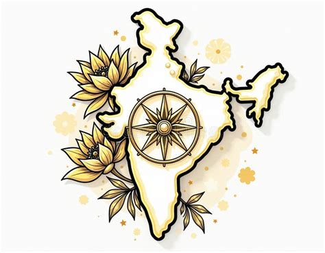 Golden India Map With Compass And Flowers Travel And Adventure Design