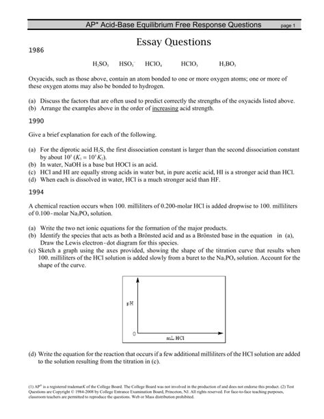 Ap Chemistry Acid Base Equilibrium Free Response Questions