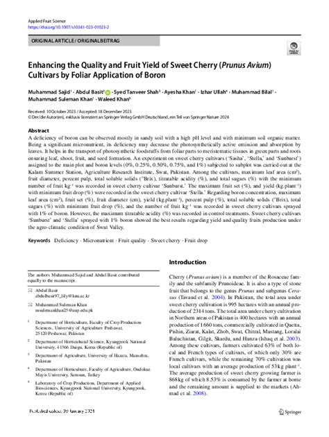 Pdf Enhancing The Quality And Fruit Yield Of Sweet Cherry Prunus Avium Cultivars By Foliar