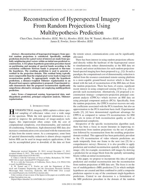 Pdf Reconstruction Of Hyperspectral Imagery From Random Projections