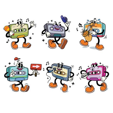 Set Of Retro Cassette Tape Cartoon Illustration With Varied Poses And