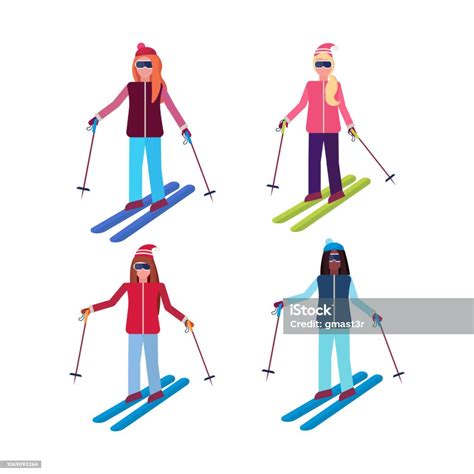 스키 스포츠 활동 혼합 인종 여자 스키 고글을 착용 하는 세트 여성 여성 판지 문자 컬렉션 스포츠 우먼 플랫 절연 스키 전체