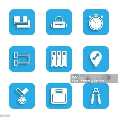 사물함 또는 탈의실 욕실 저울 스포츠 확장기 위치 체육관 메달 가슴 스톱워치 및 수건 스택 아이콘을 설정합니다 벡터 1에 대한 스톡 벡터 아트 및 기타 이미지 Istock