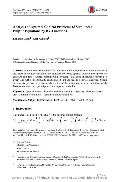 Analysis Of Optimal Control Problems Of Semilinear Elliptic Equations By Bv Functions Request Pdf
