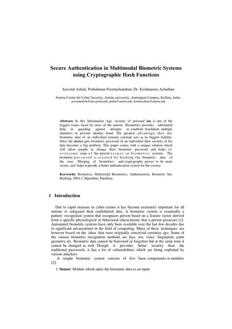 Pdf Secure Authentication In Multimodal Biometric Systems Using Cryptographic Hash Functions