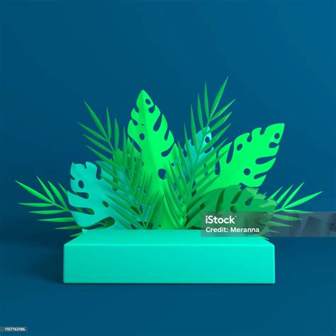 열대 종이 손바닥 몬스타 잎 프레임 제품 프리젠 테이션을위한 연단 플랫폼 여름 열대 잎입니다 종이 접기 이국적인 하와이 정글 여름 배경입니다 용지 잘라내기 3d 렌더링 입체