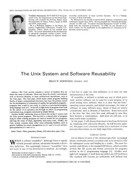 The Unix System And Software Reusability Brian W Kernighan 1984 Pdf Library Computing