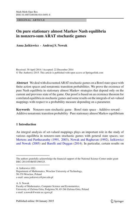 Pdf On Pure Stationary Almost Markov Nash Equilibria In Nonzero Sum