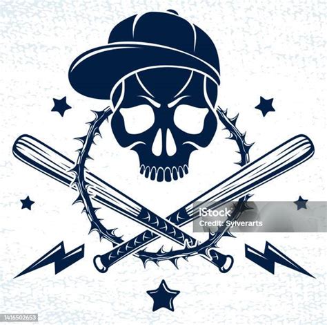 공격적인 두개골 야구 방망이 및 기타 무기와 디자인 요소 벡터 무정부 범죄 또는 테러 복고풍 스타일 게토 혁명과 잔인한 갱 문양