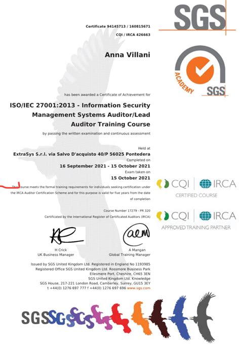 Iso27001 Irca Certificate Anna Villani