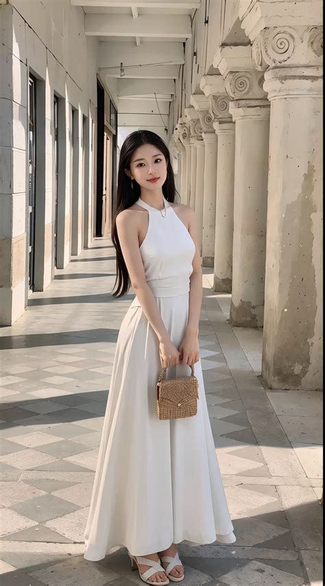 A Woman In A White Dress Standing In A Hallway With A Purse Seaart Ai