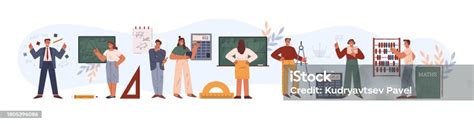 Mathematicians Set Of Cartoon Vector Illustrations With People Stock