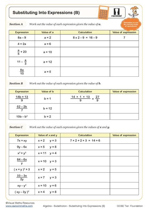 substituting into expressions b worksheet printable pdf worksheets