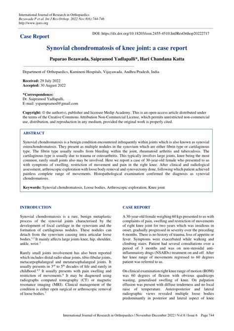 Pdf Synovial Chondromatosis Of Knee Joint A Case Report