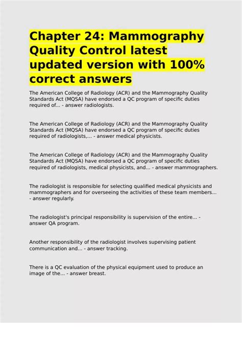 Chapter 24 Mammography Quality Control Latest Updated Version With 100 Correct Answers Mammo