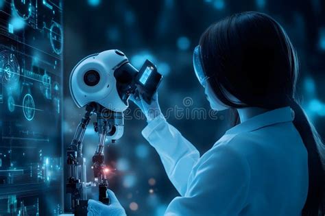 Image Of A Robot And A Human Collaborating In A White High Tech Lab Ai Stock Illustration