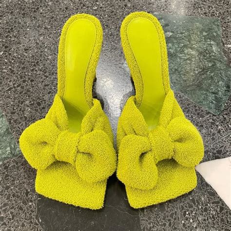 Womens Summer New Bow Square Head High Heel Slippers High Heel