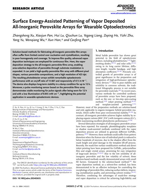 Pdf Surface Energy‐assisted Patterning Of Vapor Deposited All‐inorganic Perovskite Arrays For
