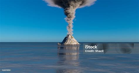 3d 렌더링 푸른 하늘을 배경으로 바다의 바위가 많은 섬에서 화산 폭발이 일어난 그림 다량의 연기 방출 0명에 대한 스톡 사진 및 기타 이미지 Istock