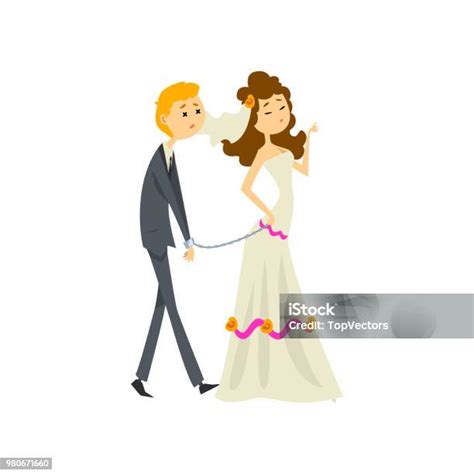 가죽 끈 흰색 배경에 신혼 부부 만화 벡터 일러스트 레이 션의 몇 가지에 보여지고 그녀의 신랑을 선도 하는 신부 가족에 대한 스톡 벡터 아트 및 기타 이미지 Istock