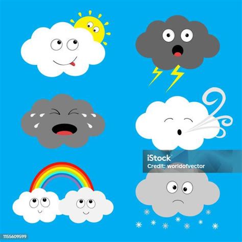 Kumpulan Ikon Emoji Awan Matahari Pelangi Hujan Turun Angin Petir Petir