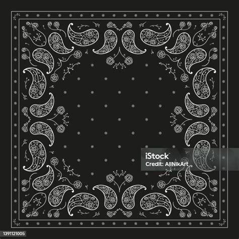 페이즐리 반다나 프린트 벡터 꽃 광장 흑백 장식과 양식화 된 모란 꽃과 작은 블루 벨 빈티지 오리엔탈 실크 넥 스카프 헤드 스카프 또는 스카프 디자인 두건에 대한 스톡 벡터