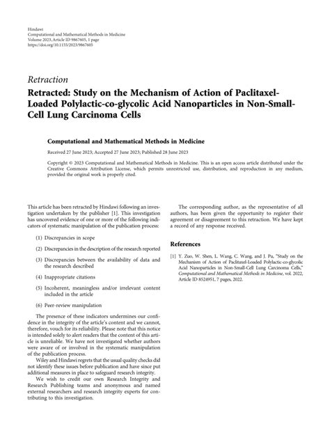 PDF Retracted Study On The Mechanism Of Action Of Paclitaxel Loaded Polylactic Co Glycolic