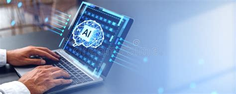 Man Hands Typing On Laptop Keyboard Digital AI Brain Hologram On Screen Stock Photo Image Of