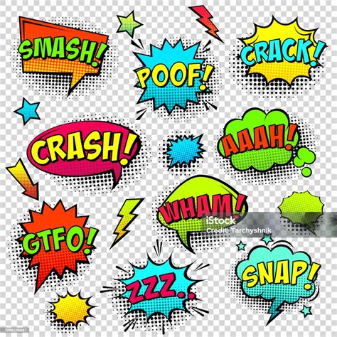 하프톤 그림자와 텍스트 문구만화 컬러 의 연설 거품 감정의 소리 표현 손으로 그린 복고풍 만화 스티커 팝 아트 스타일 벡터