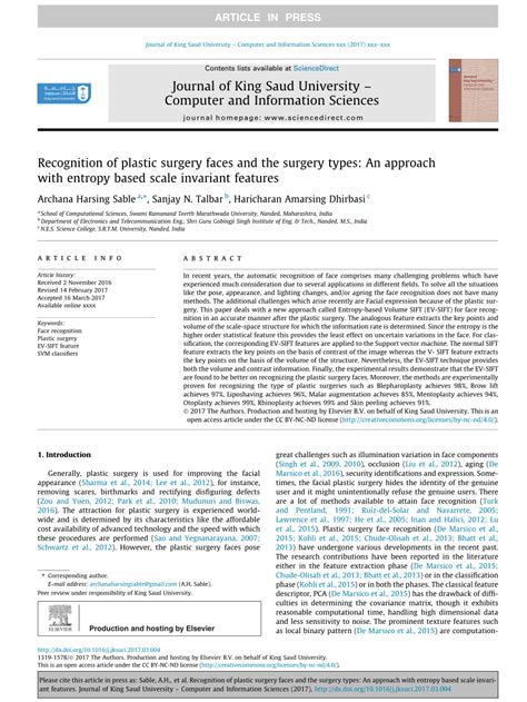 Pdf Recognition Of Plastic Surgery Faces And The Surgery Types An Approach With Entropy Based