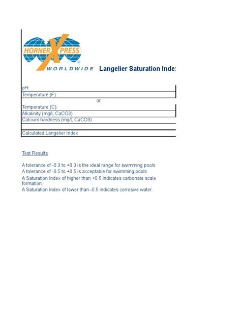 Langelier Saturation Index Calculation Sheet Pdf