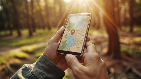 Hand Holding Mobile Phone With Map And Location Pin In Forest Stock