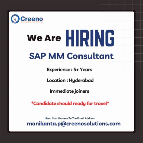 Hiringnow Sap Mm Consultants Experience Hyderabad Hyderabadjobs Creeno Solutions Pvt Ltd