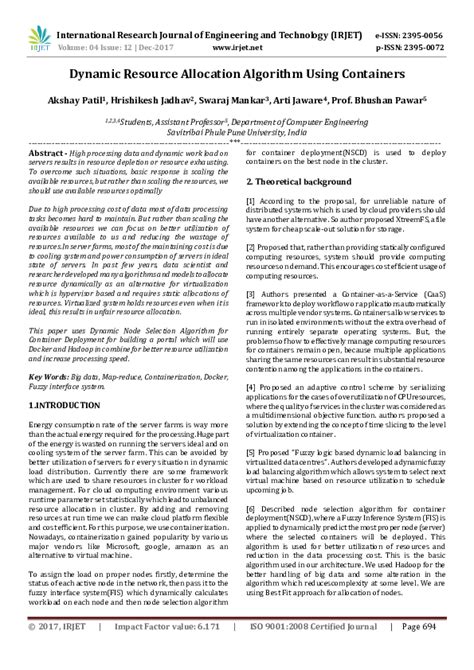 Pdf Dynamic Resource Allocation Algorithm Using Containers Irjet Journal