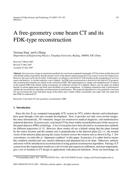 Pdf A Free Geometry Cone Beam Ct And Its Fdk Type Reconstruction