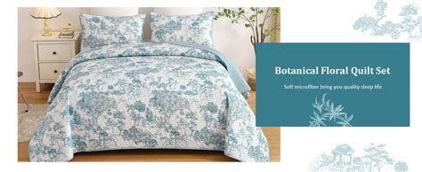 Wongs Bedding Botanical Quilt Set King Size Blue 3 Pieces