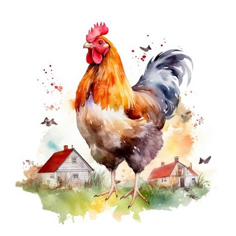 흰색 바탕에 수채화 귀여운 닭 농장 그림 프리미엄 사진
