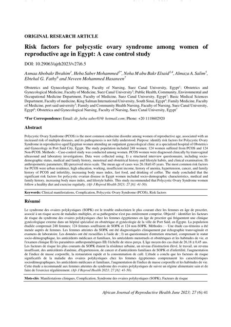 Pdf Risk Factors For Polycystic Ovary Syndrome Among Women Of Reproductive Age In Egypt A