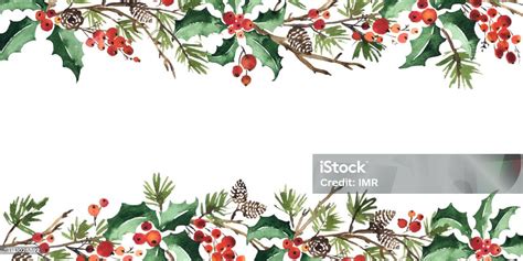 홀리 베리 가문비 나무와 소나무 콘 크리스마스 수채화 수평 배열 크리스마스에 대한 스톡 벡터 아트 및 기타 이미지 크리스마스 배경 주제 수채화 Istock