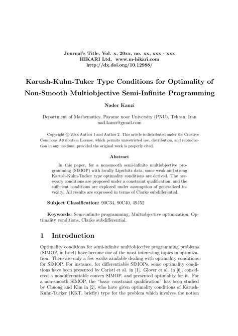 Pdf Karush Kuhn Tuker Type Conditions For Optimality Of Non Smooth Multiobjective Semi