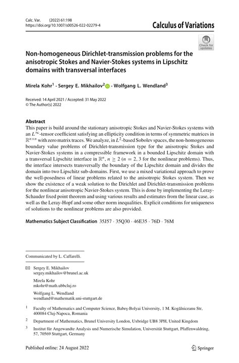 Pdf Non Homogeneous Dirichlet Transmission Problems For The Anisotropic Stokes And Navier